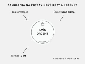 KMÍN DRCENÝ - omyvatelná samolepka na kořenky, výběr rozměrů Ø 5 cm / 5 x 5 cm / 6 x 8 cm | DomaLEP tvar: KOLEČKO, barva: BÍLÁ - ČERNÉ písmo, velikost: Ø 5 cm - základní písmo
