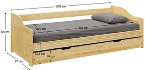 Kondela Postel s výsuvnou přistýlkou, přírodní, masiv, 90x200, LAURA NEW