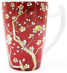 Porcelánový hrnek Hanami, červený, 500 ml – lesklý, s motivem květů sakury
