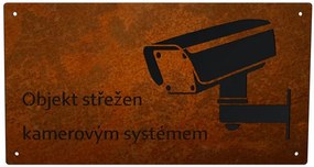 Informační cortenová cedule - objekt střežen kamerovým systémem s černým podkladem Velikost: 30 x 15 cm (L), Text: SLOVENSKY