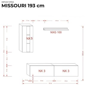 Ral Obývací stěna MISSOURI 2, 193 cm - Černo/bílý lesk
