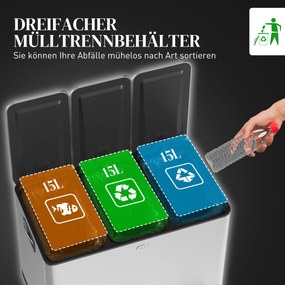 HOMCOM Kuchyňský Odpadkový Koš s 3 Přihrádkami 3x15L Nerezová Ocel s Měkkým Uzavíráním a Odnímatelnými Přihrádkami pro Recyklaci Odpadu