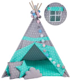 Dětský stan TEEPEE (TÝPÍ) MINT S HVĚZDIČKAMI + doplňky