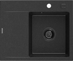 Mexen Ben, 1-komorový granitový dřez 600x500x190 mm, pravý + černý sifon, černá-stříbrná metalíza, 6523605000-73-B