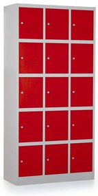 Kovová šatní skříňka - 15 boxů, 90 x 40 x 185 cm, cylindrický zámek, červená - ral 3000