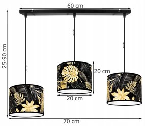 Závěsné svítidlo Gold Flowers, 3x černé textilní stínítko s květinovým vzorem