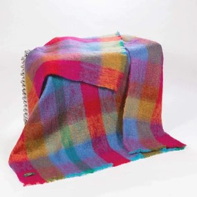 Mohérová deka Bright Pink Mustard Purple & Aqua Block Check 182 x 137 cm John Hanly