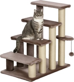 PawHut Kočičí Schody 4-stupňové se škrabacím sloupem a míčkem pro psy, zvířecí schody pro kočky do 5 kg, plyšové jute hnědé 60 x 40 x 64 cm | Aosom