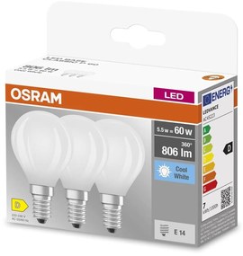 3 ks matná mini LED žárovka E14 5,5 W CLASSIC P, studená bílá