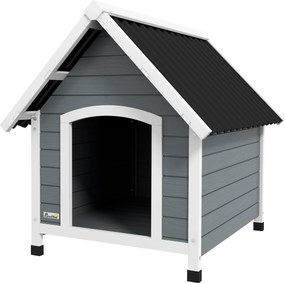 PawHut Psí Bouda 75x88x82 cm – Střední Psí Kotec s Imitací Taškové Střechy, Zvýšeným Základem a Odnímatelnou Podlahou pro Venkovní Použití Šedá | Aoso