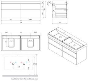 Sapho Sapho, SITIA dvouumyvadlová skříňka 116x50x44, 1cm, 4x zásuvka, bílá matná, SI120-3131