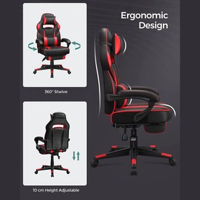 Ergonomická židle, výškově nastavitelná kancelářská židle s podnožkou, černá-červená