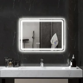 HOMCOM koupelnové zrcadlo s LED světlem 70x50 cm s Bluetooth, 3 barvy světla, digitální hodiny, ochrana proti zamlžení, funkce paměti