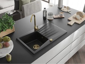 Mexen Cesar, granitový dřez 775x470x190 mm, 1-komorový, černá se zlatým sifonem, 6514771010-77-G