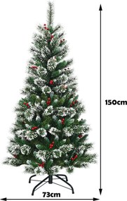 Costway 150 cm Umělý vánoční stromek se sněhovými vločkami, červenými bobulemi