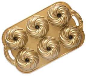 Nordic Ware minibábovkový plát s 6 formičkami Swirl, 3 cup zlatá, 93977