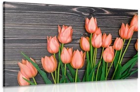 Obraz očarující oranžové tulipány na dřevěném podklade - 120x80 cm