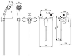 Deante Tubo, nástěnná vanová baterie s prodlouženým ramenem 339mm a ruční sprchovou soupravou, chromová, DEA-BUT_057M