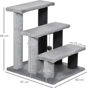 PawHut schodiště pro kočky schodiště pro psy schody pro psy 3 stupně s hracím míčem plyšové šedé 45x40x48cm pro kočky a psy | Aosom.de