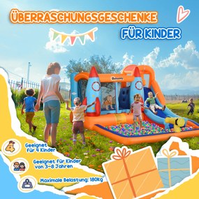 Outsunny nafukovací skákací hrad, hrací hrad se skluzavkou pro 4 děti, s foukačkou, hrací domeček pro 3-8 let, vzor raketa, polyester | Aosom