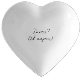 Bella Rose Porcelánový talířek ve tvaru srdce Diéta? Od zajtra! 16 cm - SK, bílá barva, zlatá barva, porcelán