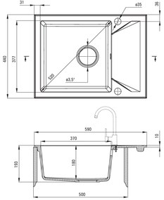 Deante Evora, granitový dřez na desku 590x440x193 mm Z/KO, 3,5" + prostorově úsporný sifon, 1-komorový, šedá, ZQJ_S11A