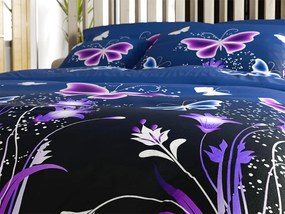 Sada 2ks mikroplyšového povlečení VIOLET BUTTERFLY tmavě modré + prostěradlo mikroplyš SOFT 180x200 cm bílé, dvoulůžko
