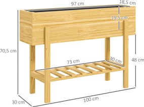 Květinový truhlík se spodní policí, dřevěné lůžko s fleecovou podšívkou a odtokovými otvory, 100 x 30 x 70,5 cm, přírodní dřevo