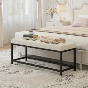 HOMCOM čalouněná lavice z sametu, design Capitonné, kovový rám pro ložnici, předsíň, obývací pokoj, krémová