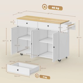HOMCOM Kuchařský ostrůvek na kolečkách, 2 zásuvky, 2 skříňky, posuvný, kořenky, držák na utěrky, držák na nože, MDF, bílý