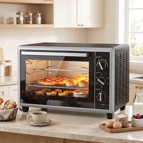 HOMCOM 46 L mini trouba s otočným špízem, ventilátorem, regulací teploty a časovačem, 1800 W, černá