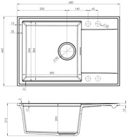 Sink Quality Sink55, kuchyňský granitový dřez 680x460x215 mm + zlatý sifon, šedá, SKQ-SINK.D.1KDO.XG