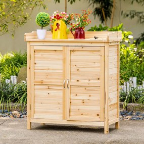 Dřevěný zahradní skříň Outsunny - Úložný shed s 2 dveřmi, policí a zdviženými nohami pro terasu a patio 83x40x92 cm - Přírodní