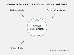 CHILLI CON CARNE - omyvatelná samolepka na kořenky, výběr rozměrů Ø 5 cm / 5 x 5 cm / 6 x 8 cm | DomaLEP tvar: KOLEČKO, barva: BÍLÁ - ČERNÉ písmo, velikost: Ø 5 cm - tučné písmo