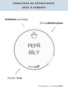 Samolepka na kořenky PEPŘ BÍLÝ průhledná 5 cm základní písmo