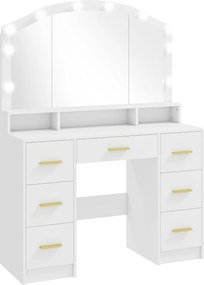 HOMCOM Toaletní stolek s 10 LED hollywoodskými žárovkami, zrcadlo, 7 zásuvek, 3 přihrádky, MDF, bílá