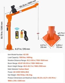 Elektrický autojeřáb, Teleskopický výložník otočný o 360° VEVOR – 1660 × 210 × 1290 mm
