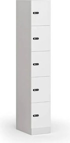 Šatní skříňka S1 s úložnými boxy, 5 boxů, 1850 x 300 x 500 mm, demont, mechanický kódový zámek, laminované dveře, bílá