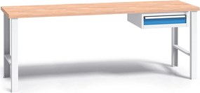 Pracovní stůl do dílny G3 se závěsným boxem na nářadí, buková spárovka, 1 zásuvka, pevné kovové nohy, 2000 mm, modrá