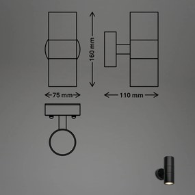 BRILO 3792025 Venkovní nástěnné svítidlo, IP54 voděodolné a prachotěsné, Up/Down, 16cm výška, černá - BRILO