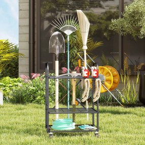Organizér na zahradní nářadí Outsunny s 9 háčky, držák na 40 nástrojů, kovový regál na kolečkách do garáže pro nůžky, lopaty, hrábě, černý
