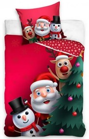 Tiptrade - Bavlněné Vánoční povlečení - Pozdrav ze severního pólu - Santa, sněhulák a sob / 140 x 200 cm + 70 x 90 cm