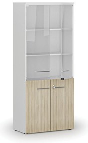 Kombinovaná kancelářská skříň PRIMO WHITE s dřevěnými a skleněnými dveřmi, 800 x 420 x 1781 mm, bílá/dub přírodní