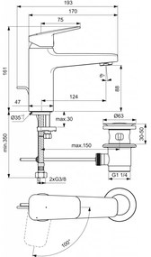 Ideal Standard Ceraplan - Umyvadlová baterie Grande s BlueStart s kovovou odtokovou garniturou, černá matná BD228XG