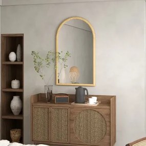 HOMCOM nástěnné obloukové zrcadlo, 110 x 65 cm, dřevěný rám, obloukové zrcadlo pro obývací pokoj, ložnici, vstupní prostor, přírodní dřevo