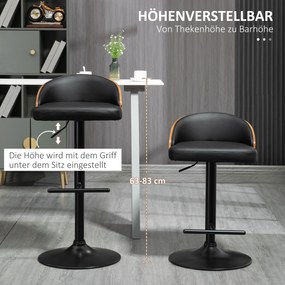 HOMCOM sada 2 barových židlí otočné barové židle s podnožkou výškově nastavitelné imitace kůže dřevo 48 x 49,5 x 76-96 cm do kuchyně a baru | Aosom.de