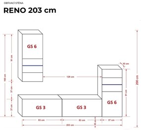 Ral Obývací stěna RENO 3, 203 cm - Černý lesk