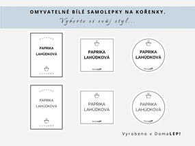 PAPRIKA LAHŮDKOVÁ - omyvatelná samolepka na kořenky, výběr rozměrů Ø 5 cm / 5 x 5 cm / 6 x 8 cm | DomaLEP tvar: KOLEČKO, barva: BÍLÁ - ČERNÉ písmo, velikost: Ø 5 cm - základní písmo