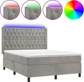 Box spring postel s matrací a LED světle šedá 140x190 cm samet 3139739