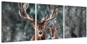 Obraz - Jelen a laň v zasněženém lese (s hodinami) (90x30 cm)